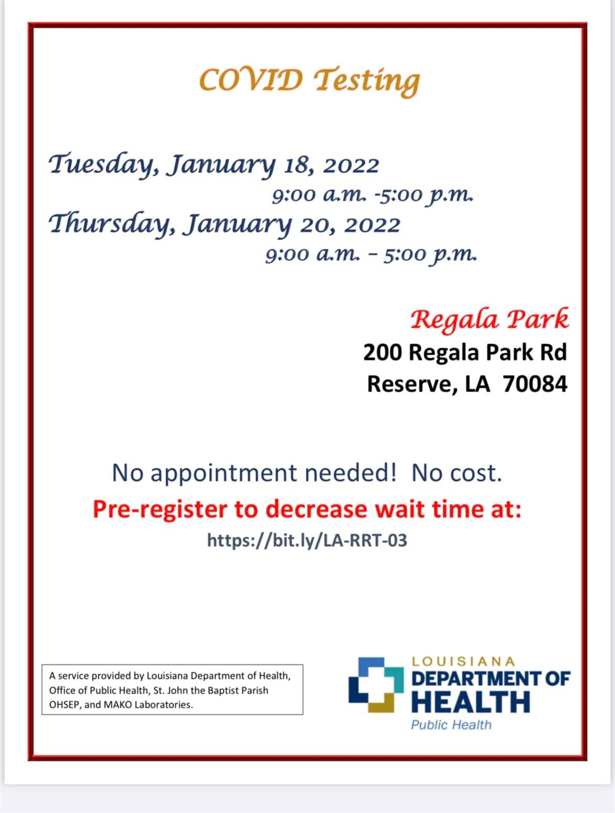 COVID Testing (Rapid & PCR Available) St. John the Baptist Parish