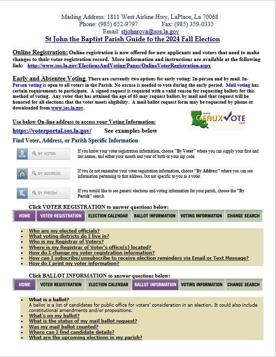 Registrar of Voters St. John the Baptist Parish